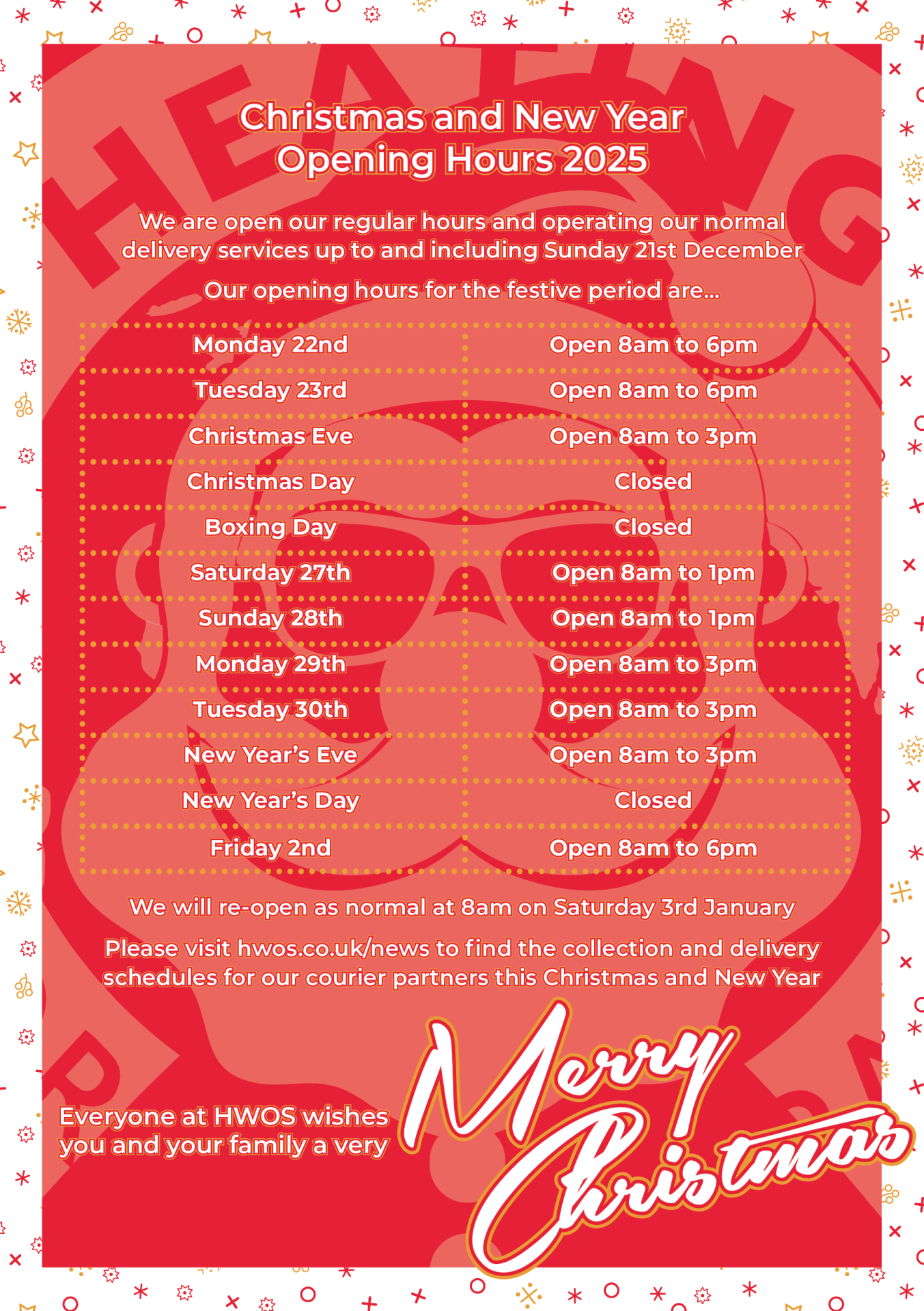 Christmas and New Year Opening Hours and Courier Dates 2025 - Reminder